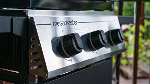 Megamaster 3-Burner Propane Gas Grill with 2 Foldable Side Tables, 30000 BTUs, Perfect for Camping, Outdoor Cooking, Patio and Garden Barbecue Grill, Silver and Black, 720-0988EA