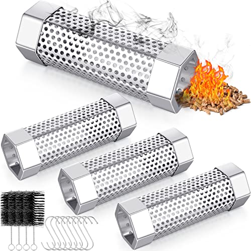 4 Pcs Pellet Smoker Tube 6 Inches Stainless Steel Perforated BBQ Wood Pellet Tube Smoker with 8 Hooks and 4 Brushes for Cold/hot Smoking Cheese, Pork, Fish, Nuts, Beef