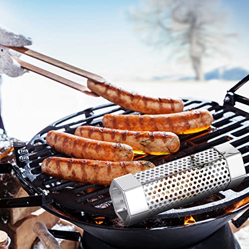 4 Pcs Pellet Smoker Tube 6 Inches Stainless Steel Perforated BBQ Wood Pellet Tube Smoker with 8 Hooks and 4 Brushes for Cold/hot Smoking Cheese, Pork, Fish, Nuts, Beef