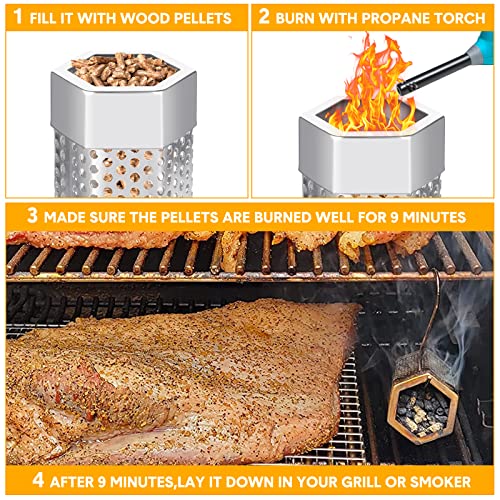 4 Pcs Pellet Smoker Tube 6 Inches Stainless Steel Perforated BBQ Wood Pellet Tube Smoker with 8 Hooks and 4 Brushes for Cold/hot Smoking Cheese, Pork, Fish, Nuts, Beef