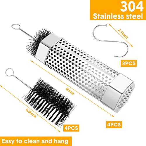 4 Pcs Pellet Smoker Tube 6 Inches Stainless Steel Perforated BBQ Wood Pellet Tube Smoker with 8 Hooks and 4 Brushes for Cold/hot Smoking Cheese, Pork, Fish, Nuts, Beef