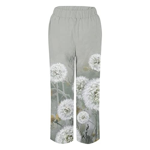 Kingspinner Womens Capri Graphics Pants Women's Linen Pants Flowers Print Women's Linen Cropped Pants