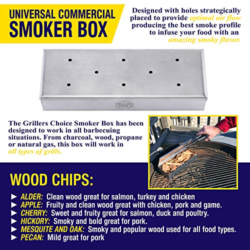 Smoker Wood Chip Box For BBQ Grill. Add Wood Chips To Tray For The Best Tasting Barbeque. Stainless Steel Thick Box For Gas, Charcoal and Wood. Best Grilling Accessory - Tool. By Grillers Choice