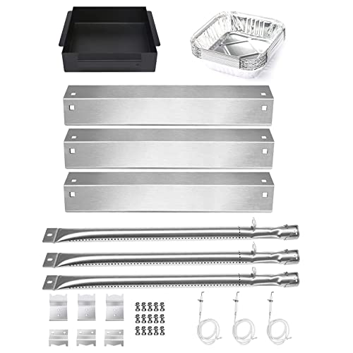 Hisencn Stainless Grill Burner Tube, Heat Plate Shield Tent, Hanger Brackets, Electronic Ignitor, Porcelain Steel Grease Collection Pan with 15 Pack Aluminum Foil Drip Pan for Chargriller 5050 5650