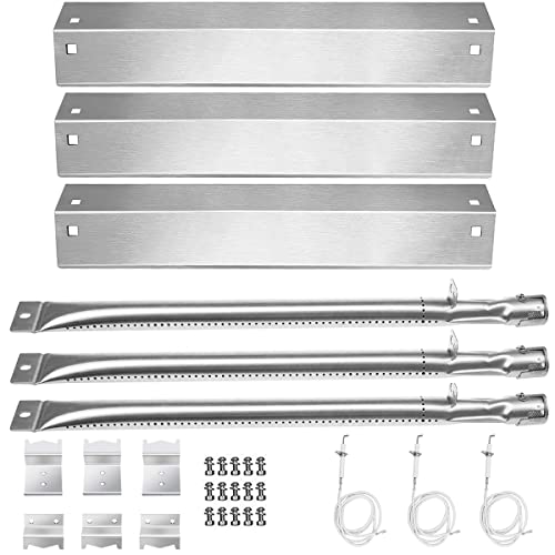 Hisencn Stainless Grill Burner Tube, Heat Plate Shield Tent, Hanger Brackets, Electronic Ignitor, Porcelain Steel Grease Collection Pan with 15 Pack Aluminum Foil Drip Pan for Chargriller 5050 5650