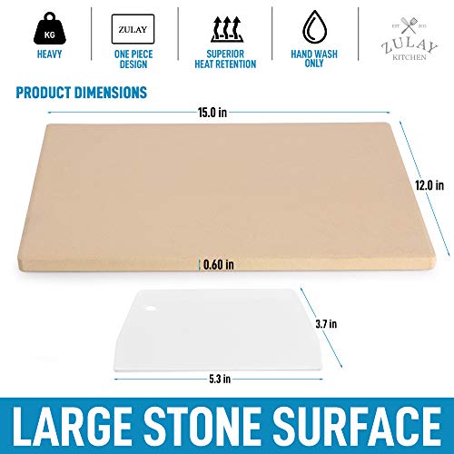 Zulay Kitchen Large Pizza Stone For Oven And Grill - Free Bench Scraper Included - Thermal Shock Resistant Baking Stone - Cooking Stone - 15 x 12 Inch