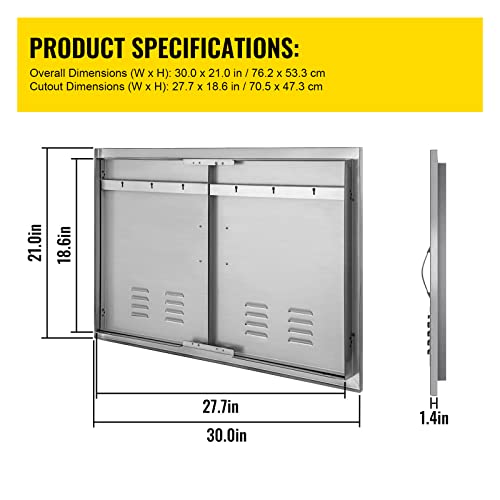 Mophorn Outdoor Kitchen Doors, 30W x 21H Inch, 304 Stainless Steel Double Doors with Vents, BBQ Access Door with 2 Detachable Handles and 6 Hooks, for BBQ Island