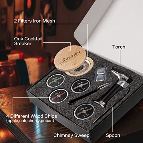 BENJEN Cocktail Smoker Kit with Torch | Four Kinds of Wood Smoker Chips for Whiskey and Bourbon, Infuse Cocktails,Wine,Whiskey | Bar Set | Birthday Gifts for him/Father/Husband/self/Father's Day