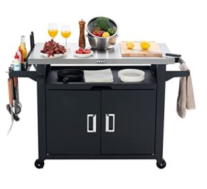 nuuk pro 42-inch rolling outdoor kitchen island and bbq serving cart, with heavy duty wooden cutting board and propane tank holder