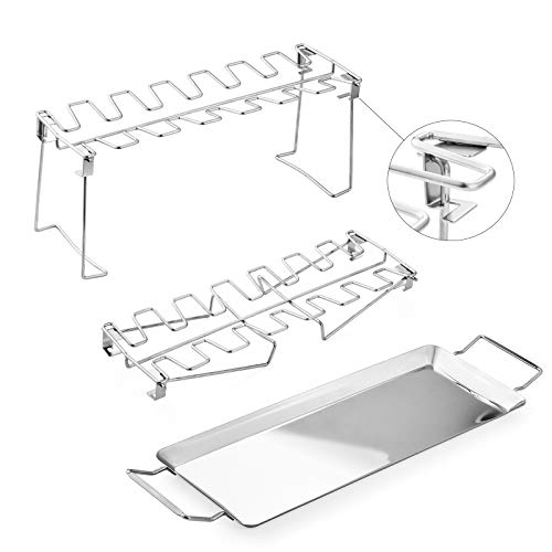 Chicken Leg and Wing Rack for Grill, 2 Pcs Beer Can Chicken Holder for Oven, and Large Rib Rack for Smoking Bundle - Premium Quality Stainless Steel - Easy to Use and Clean