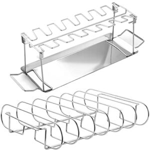 chicken leg rack for grill with dip tray and large rib rack for smoking bundle – high grade stainless steel – easy to use and clean