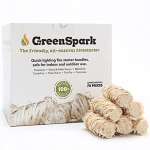 greenspark 70 pcs natural fire starters for grill, smoker, pizza oven,bbq,fireplace, wooden & pellet stove, fire pit, long burn, waterproof,all weather, safe for indoor/outdoor use