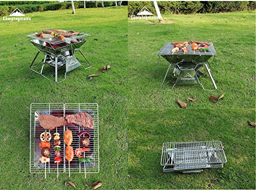 CAMPINGMOON Stainless Steel Portable Camping Grill & 8pcs of 13.8-inch Long Double Prong BBQ Skewers MT-2+MK-8