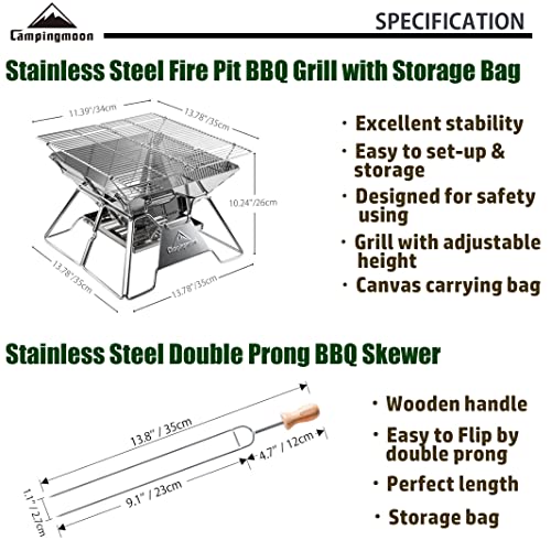 CAMPINGMOON Stainless Steel Portable Camping Grill & 8pcs of 13.8-inch Long Double Prong BBQ Skewers MT-2+MK-8