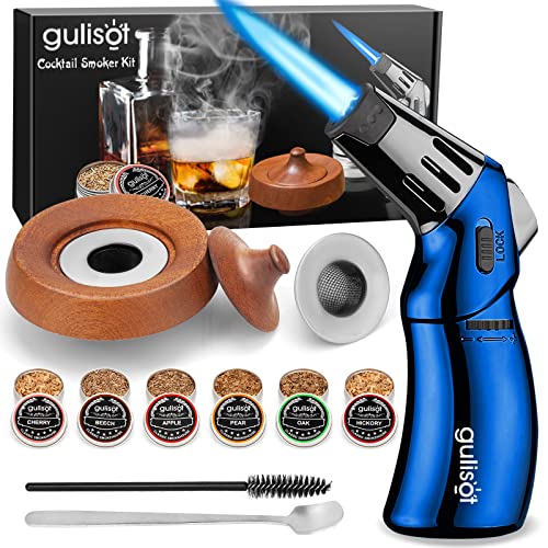 Cocktail Smoker Kit with Torch, Old Fashioned Chimney Drink Smoker, with 6 Flavors of Wood Smoker Chips, for Cocktails, Whiskey & Bourbon, Ideal Gifts for Men, Boyfriend, Husband, and Dad (BLUE)