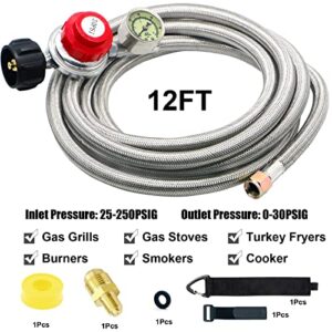 NQN Upgraded 12 FT 0-30 PSI High Pressure Adjustable Propane Regulator with Gauge 0~60PSI Gas Flow Indicator, QCC1 x 3/8" Female Flare Fitting with 3/8 Flare x 1/8 MNPT, Stainless Braided Propane Hose