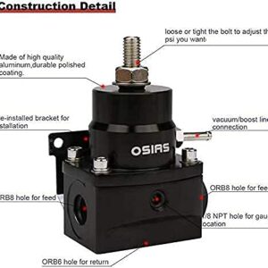 OSIAS Universal Adjustable Aluminum FPR Fuel Pressure Regulator Kit +160 Psi Pressure Gage AN6-6AN Fuel Line,Hose Fitting Connectors Kit