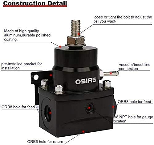 OSIAS Universal Adjustable Aluminum FPR Fuel Pressure Regulator Kit +160 Psi Pressure Gage AN6-6AN Fuel Line,Hose Fitting Connectors Kit