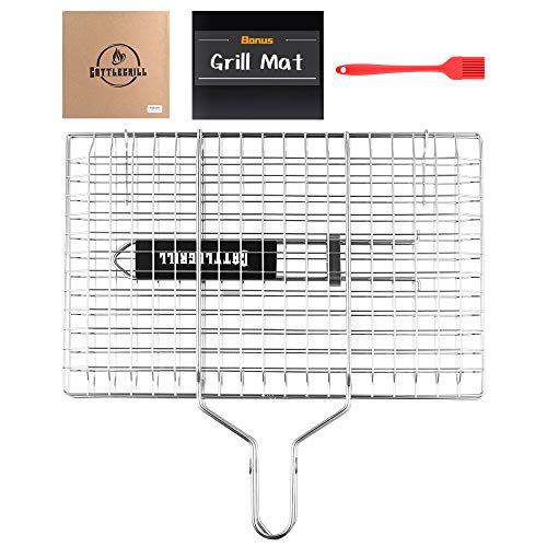 Cattlegrill Foldable BBQ Fish Grill Basket with 430 Stainless Steel, Grill Set Includes: a Reusable Grill mat and a basting Brush.