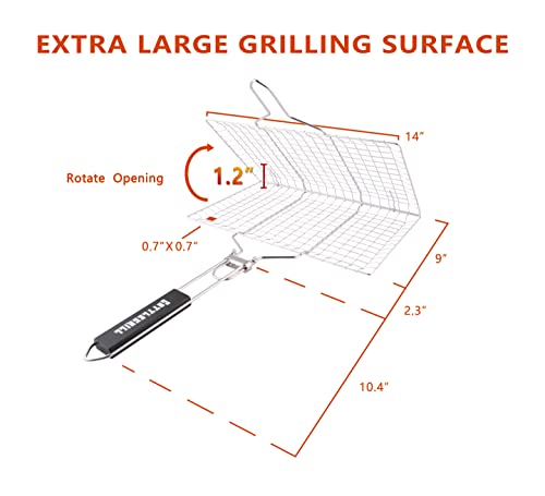 Cattlegrill Foldable BBQ Fish Grill Basket with 430 Stainless Steel, Grill Set Includes: a Reusable Grill mat and a basting Brush.