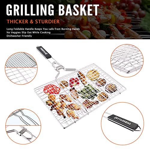 Cattlegrill Foldable BBQ Fish Grill Basket with 430 Stainless Steel, Grill Set Includes: a Reusable Grill mat and a basting Brush.