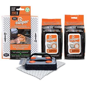 q-swiper bbq grill cleaner gift bundle set – 1 q-swiper grill brush, 65 q-swiper grill cleaning wipes and 2 q-swiper reusable grill cloths. safe way to clean bbq grill grates and grill exterior.