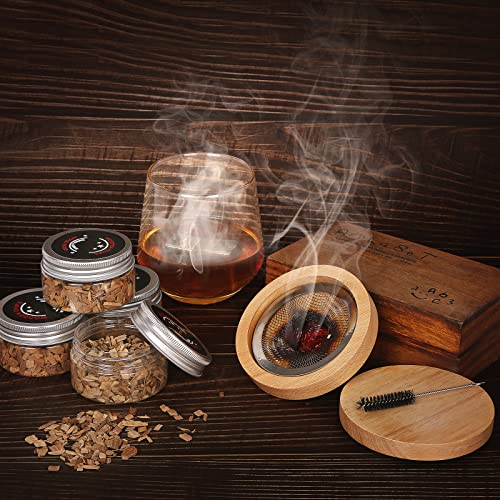 TFURLCC Cocktail smoker infuser kit with Four Flavors wood chips for Whiskey, Bourbon, Old Fashioned drink, cheese, meat, fruits and more! Gift for men., LxWxH 6.6*6.2*1.9 inches