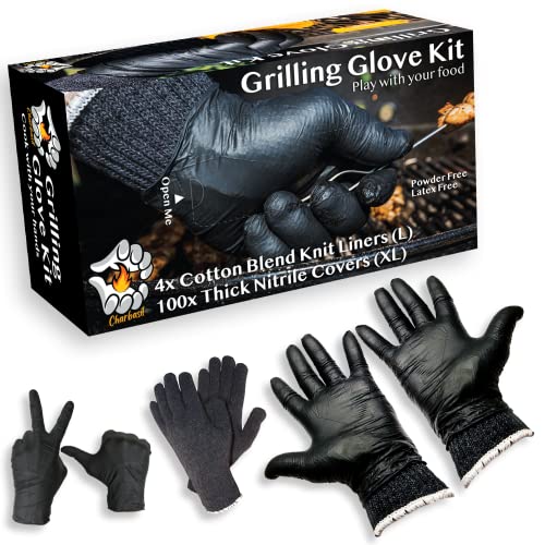 Charbasil Grilling Glove Kit – 100 Black Nitrile Gloves – 4 Thick Cotton Liners – Disposable BBQ Gloves with Washable Heat-Resistant Liners – Replaceable Cover Oven Mitt for Barbecue and Smoking Meat