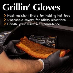 Charbasil Grilling Glove Kit – 100 Black Nitrile Gloves – 4 Thick Cotton Liners – Disposable BBQ Gloves with Washable Heat-Resistant Liners – Replaceable Cover Oven Mitt for Barbecue and Smoking Meat