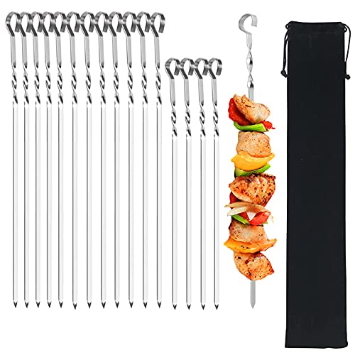 Metal Kabob Skewers,(12Pcs 16.8" & 4Pcs 13")Flat Stainless Steel BBQ Barbecue Skewer for Grilling,bfuee Reusable Shish Kebob with Portable Storage Bag