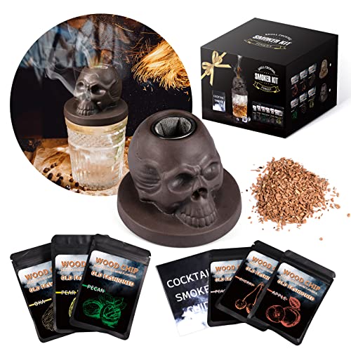 HANDMADE Skull Cocktail Smoker Kit - 6 Flavor Wood Chips Old Fashioned Drink Smoker Infuser Kit. Whiskey Lovers Gift &Father Day's Gift.(Brown)