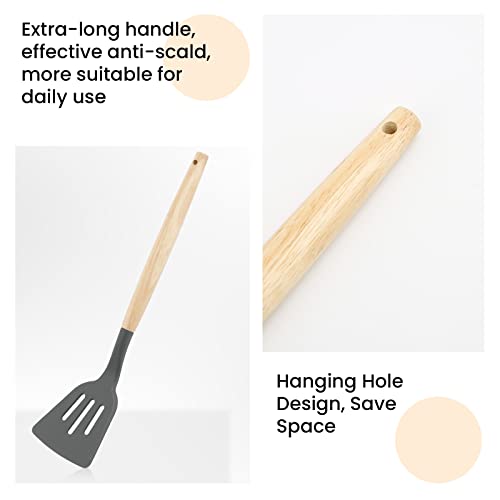 Silicone Turner, Silicone Spatula, Wooden Spatula for Cooking, Silicone Turner Spatula with Wooden Handle for Pancake, Egg, Fish, Burger