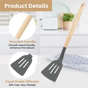 Silicone Turner, Silicone Spatula, Wooden Spatula for Cooking, Silicone Turner Spatula with Wooden Handle for Pancake, Egg, Fish, Burger