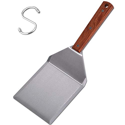 Stainless Steel Griddle Hamburger Spatula with Strong Wooden Handle, 13.5 x 5 inches, Heavy Duty Spatula Turner with A Hook, Great for Pancake Flipper, Fish, Eggs, Burgers, Omelet and More…