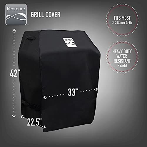 Kenmore KA-A61023BK 33" 2 or 3 Burner BBQ Grill Cover, Heavy Duty Weatherproof Fabric for Outdoor Patio Backyard, Universal Fit for Grills up to 33" Width, Black