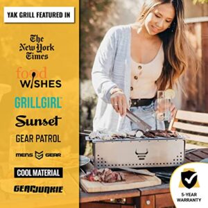 YAK Grills Hibachi Charcoal Grill - Easy to Use Charcoal Grill - Outdoor Tabletop Safe - Great for Travel, Camping, Patio, Balcony - Made from Stainless Steel - Operates Up to 750ºF - 5 Yr Warranty - Brushed Steel