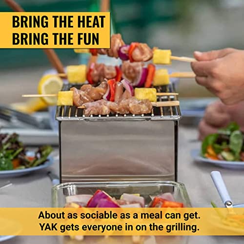 YAK Grills Hibachi Charcoal Grill - Easy to Use Charcoal Grill - Outdoor Tabletop Safe - Great for Travel, Camping, Patio, Balcony - Made from Stainless Steel - Operates Up to 750ºF - 5 Yr Warranty - Brushed Steel