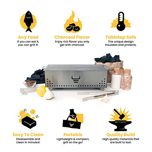 YAK Grills Hibachi Charcoal Grill - Easy to Use Charcoal Grill - Outdoor Tabletop Safe - Great for Travel, Camping, Patio, Balcony - Made from Stainless Steel - Operates Up to 750ºF - 5 Yr Warranty - Brushed Steel