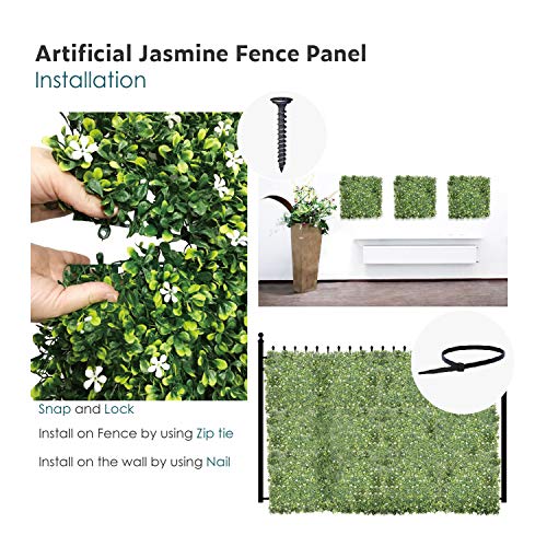 ECOOPTS 20" x 20" Artificial Ivy Fence Greenery Panel Laurel Boxwood Privacy Fence Ivy Screen Decoration for Home Backyard Patio Indoor Outdoor (Jasmine Flower, 6 Pieces)