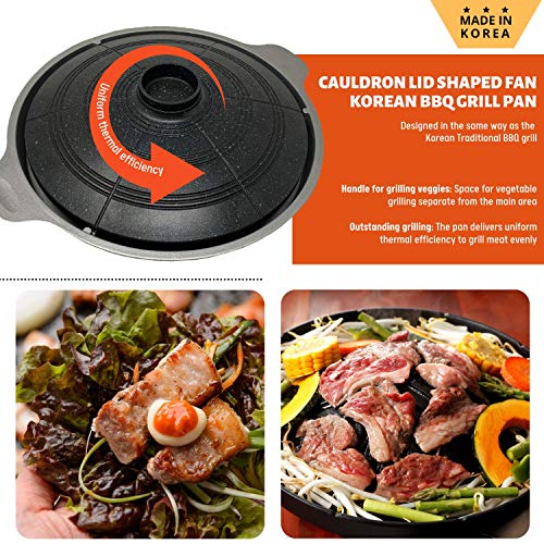 KD HOME Korean BBQ Grill with Drain, Traditional Cauldron Shaped Aluminum Gama Pot Lid Grill, Perfect for Grilling Vegetable Egg Port Beef Meat Garlic & More. Made in Korea, 11.5 inch