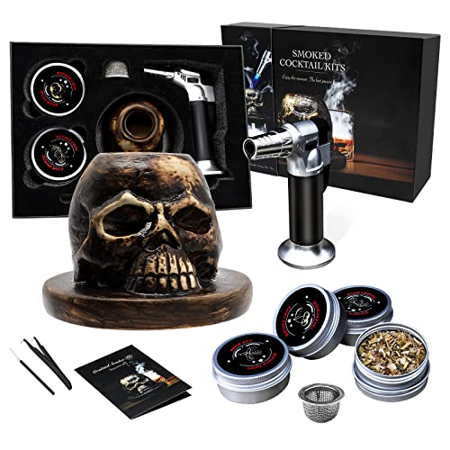 Whiskey Smoker Kit, Cocktail Smoker Kit with Torch, 4 Flavored Wood Chips for Skull Old Fashioned Smoker Kit, Bourbon Whiskey Drink Smoked Infuser Gifts for Father, Husband, Friends (No Butane)