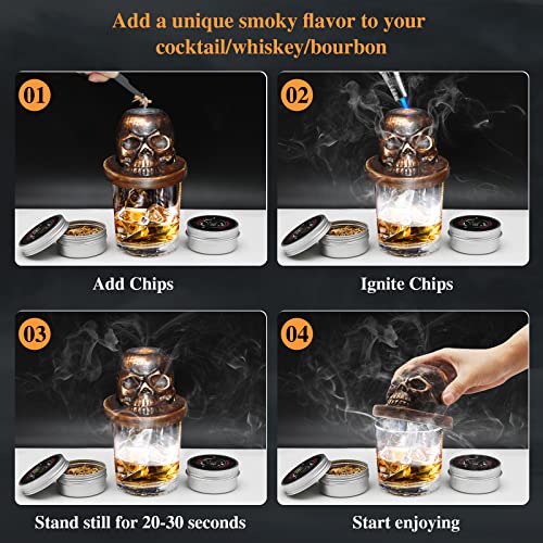 Whiskey Smoker Kit, Cocktail Smoker Kit with Torch, 4 Flavored Wood Chips for Skull Old Fashioned Smoker Kit, Bourbon Whiskey Drink Smoked Infuser Gifts for Father, Husband, Friends (No Butane)