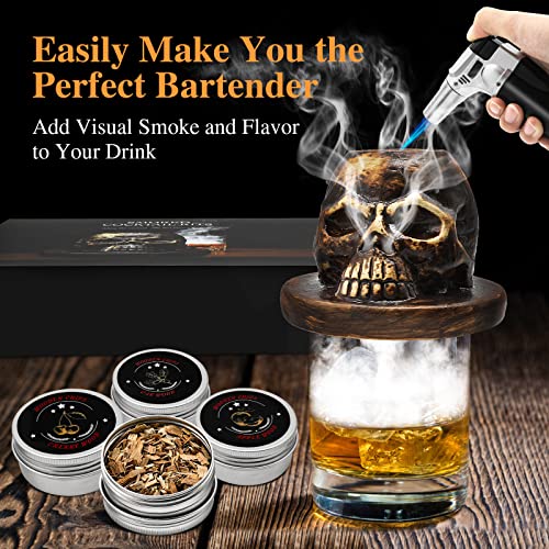 Whiskey Smoker Kit, Cocktail Smoker Kit with Torch, 4 Flavored Wood Chips for Skull Old Fashioned Smoker Kit, Bourbon Whiskey Drink Smoked Infuser Gifts for Father, Husband, Friends (No Butane)