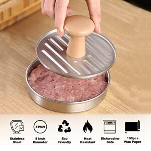 Lvpradior Burger Press, 5" Stainless Steel Non-Stick Hamburger Press Patty Maker with 100pcs Wax Paper for Stuffed Burgers Slider BBQ Barbecue Grilling