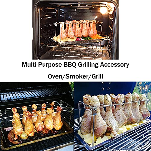 Stainless Steel Chicken Leg Wing Rack for Grill/Oven/Smoker, Multi-Purpose BBQ Roasted Chicken Rack, 14-Slot Chicken Leg Grill Rack with Drip Tray