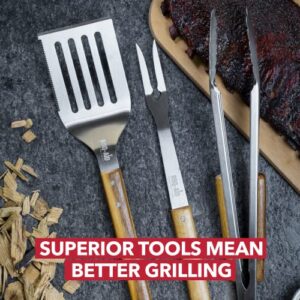 BBQ-AID 3 Piece Grill Set BBQ Accessories - Kitchen Tongs, Metal Spatula & Fork Utensils - Heavy Duty Stainless Steel Barbecue Grill Utensils for Outdoor Grill with Solid Sturdy Wood Handles