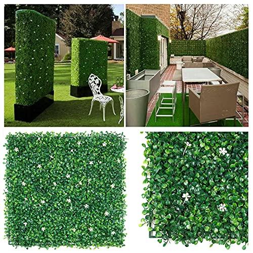 Shikha 12PCS Artificial Boxwood Panel with White Flowers Topiary Plant Hedge Greenery Privacy Hedge Screen UV Protected Suitable for Indoor, Garden, Fence, Backyard and Walls Decoration