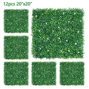 Shikha 12PCS Artificial Boxwood Panel with White Flowers Topiary Plant Hedge Greenery Privacy Hedge Screen UV Protected Suitable for Indoor, Garden, Fence, Backyard and Walls Decoration