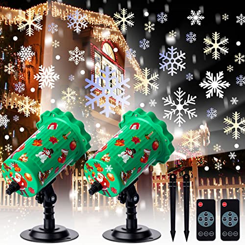 2 Pcs Christmas Projector Lights Outdoor Snowflake Lights Snowfall Show Holiday Projector Waterproof LED Lights with Remote Control Timer for Xmas Holiday Party Home Garden Patio Decorations (Classic)