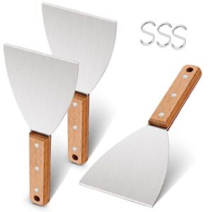 grill griddle scraper set of 3, leonyo stainless steel metal grill scraper tool for flat top teppanyaki bbq, versatile scraper for dough pancake pizza home baking cooking, slant edge & wooden grip